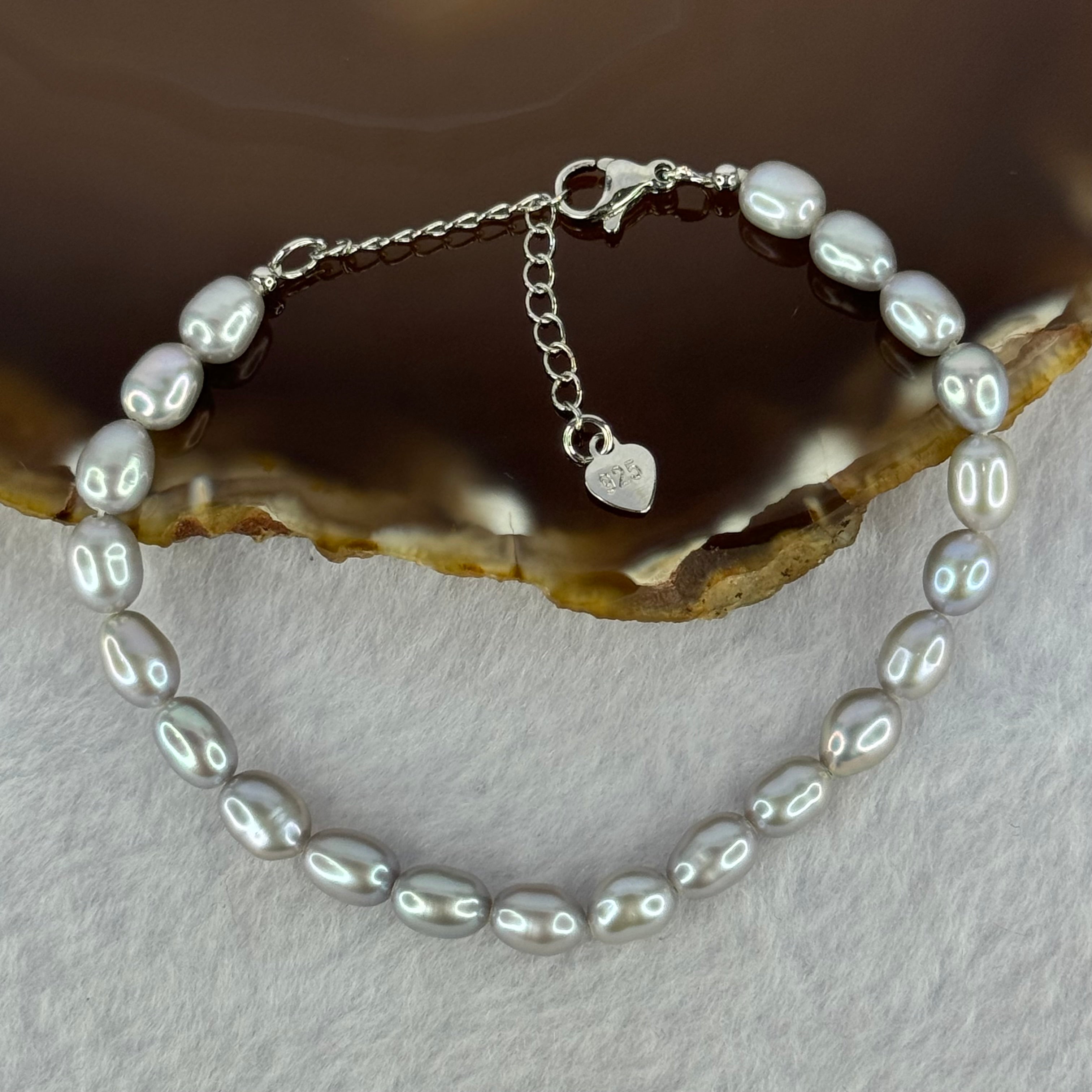 Natural Grey Pearl in S925 Sliver Bracelet 天然灰珍珠925银手链 8.01g 14cm 5.6m