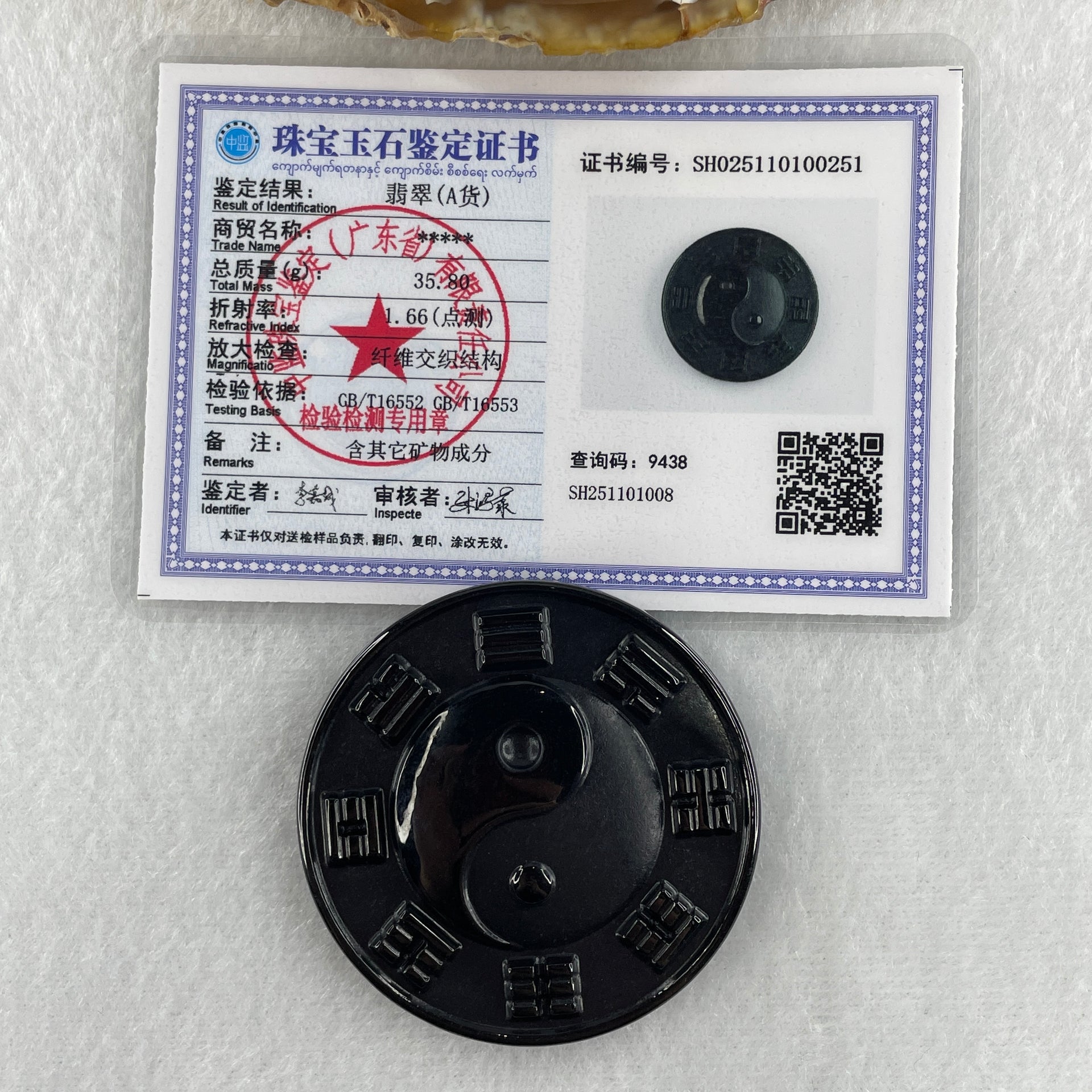 Type A Opaque Black Omphacite Jadeite Yin Yang Coin Pendant 35.80g 49.