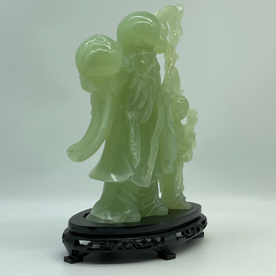Natural Green Serpentine Shou Xing Gong with Tong Zi with Wooden Stand