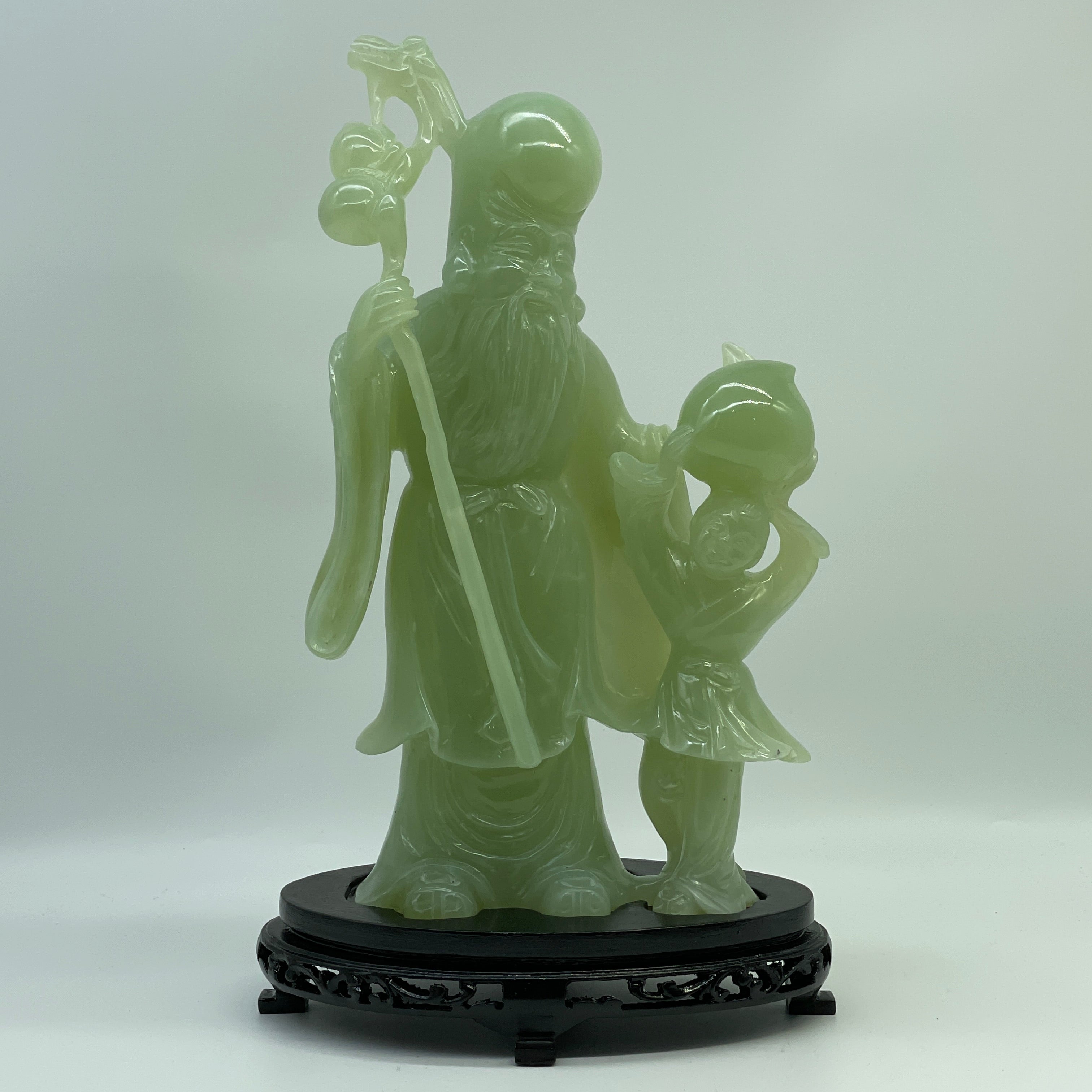 Natural Green Serpentine Shou Xing Gong and Tong Zi with Wooden Stand