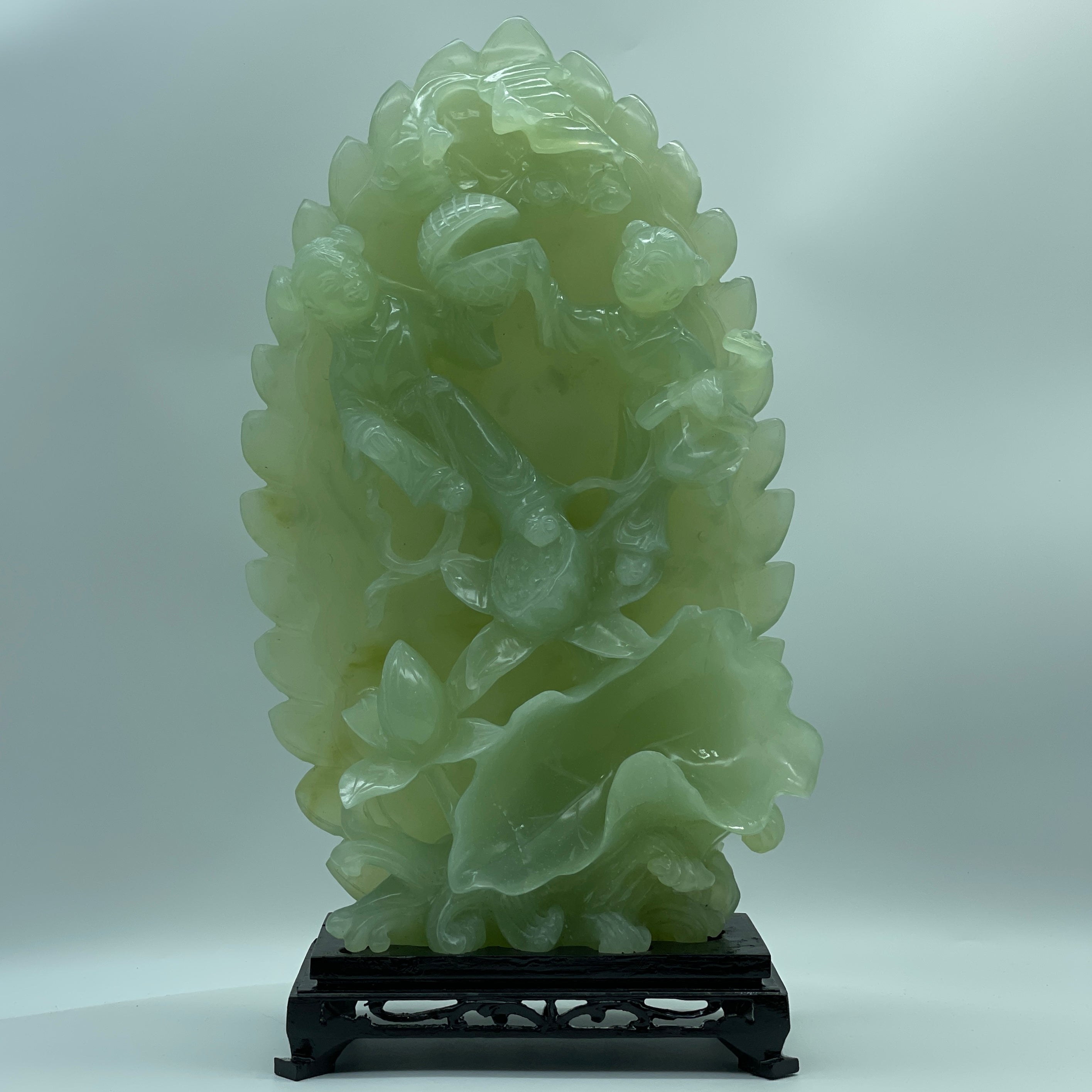 Natural Light Green Serpentine Jin Tong Yu Nu Jade Girl with Golden Bo