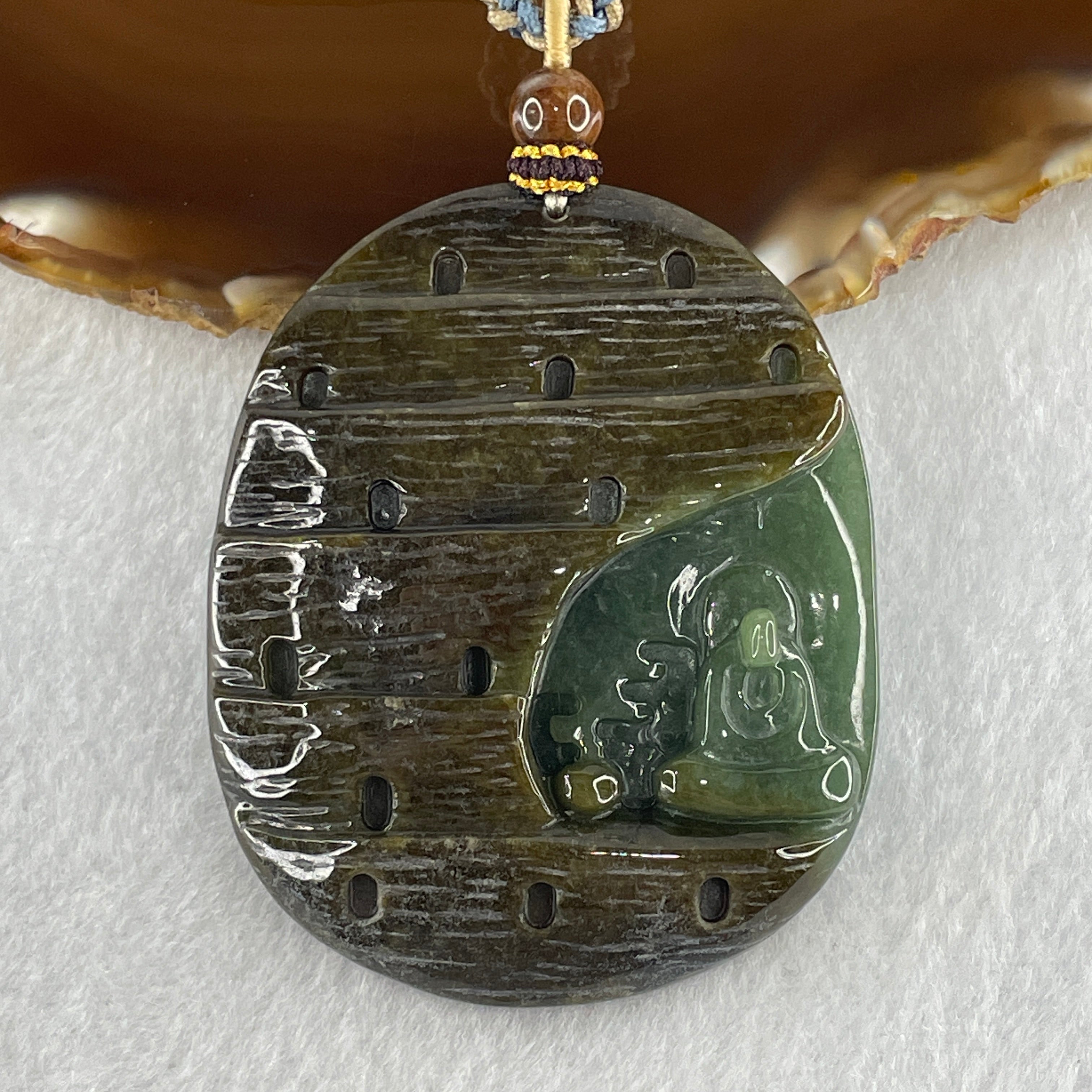 Natural Type A Brown with Blueish Green Jadeite Seeking Enlightenment