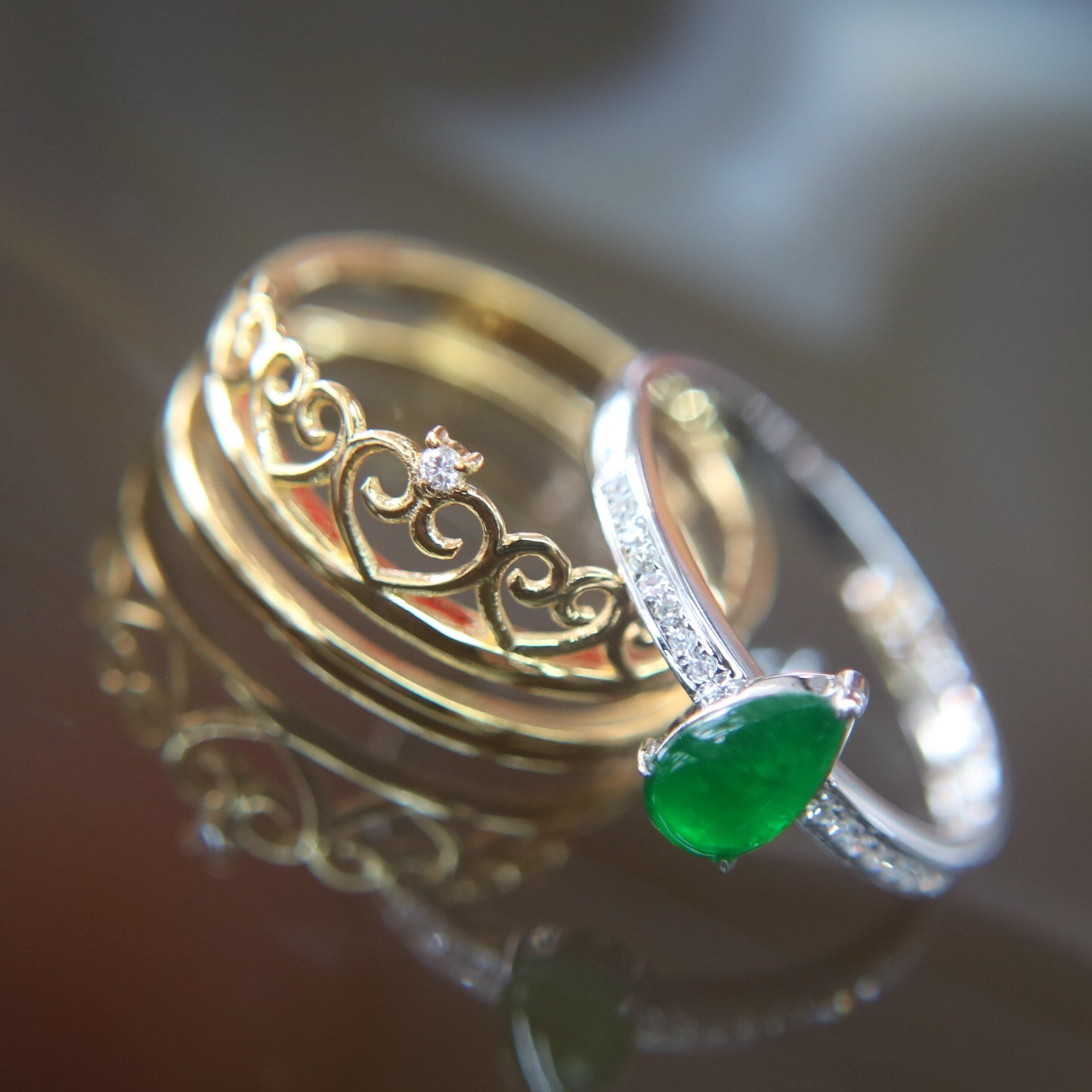 Burmese jade jadeite Tiara ring 18k yellow white gold diamonds singapore
