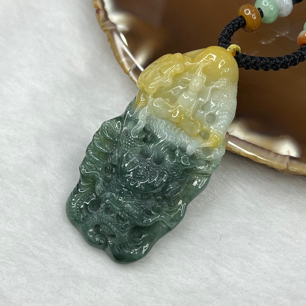 Type A Yellow and Green Jadeite Dragon and Gui Ren Pendant 36.45g 58.2 ...