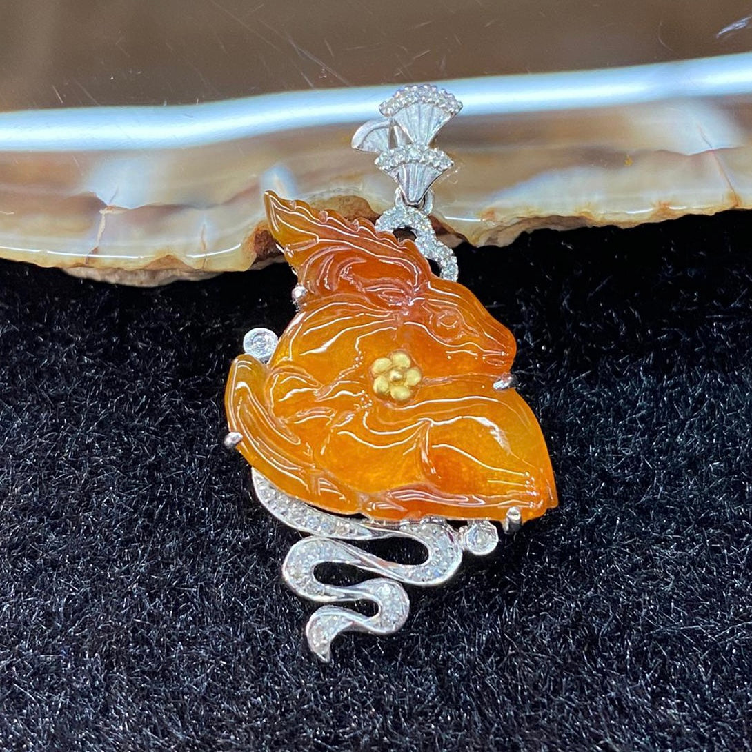 Type A Burmese Icy Red Jade Jadeite Deer with 18k gold & diamonds
